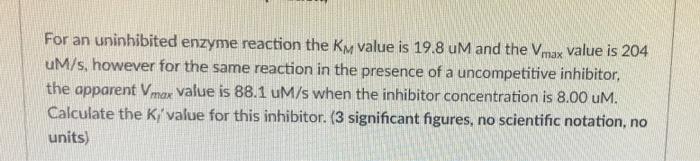 Solved For an uninhibited enzyme reaction the Km value is | Chegg.com