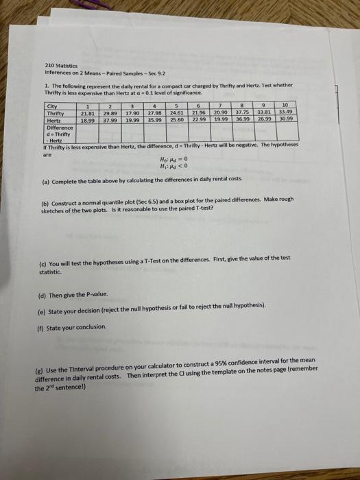 Solved 210 Statistics Inferences on 2 Means - Paired Samples | Chegg.com
