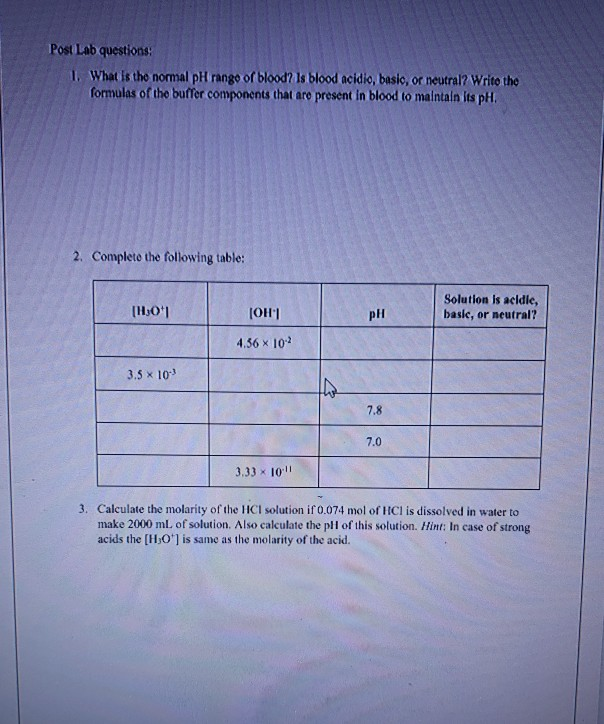 Solved Post Lab questions: 1. What is the normal pH range of | Chegg.com