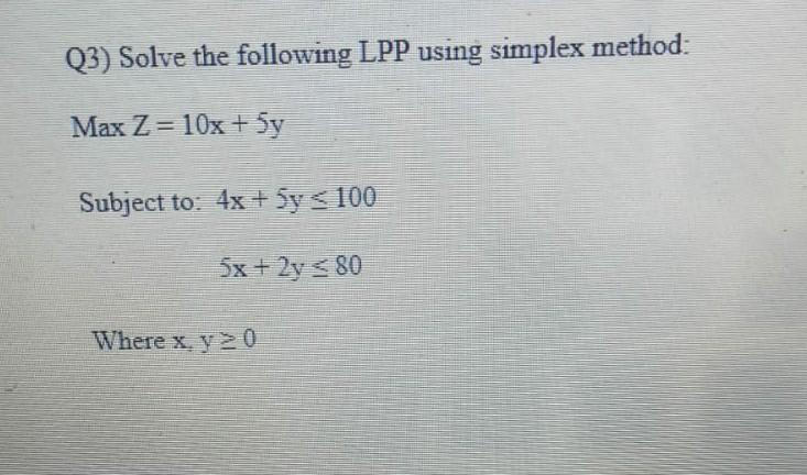 Solved Q3) Solve the following LPP using simplex method: Max | Chegg.com