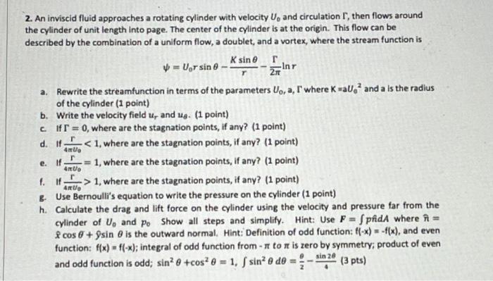 Solved 2. An inviscid fluid approaches a rotating cylinder | Chegg.com