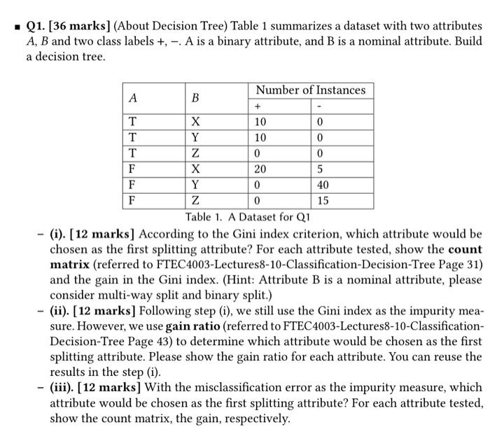 Q1. [36 marks] (About Decision Tree) Table 1 | Chegg.com