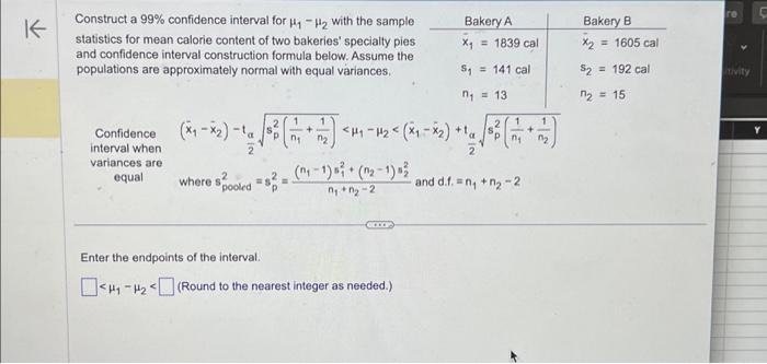 Solved Construct a 99% confidence interval for μ1−μ2 with | Chegg.com
