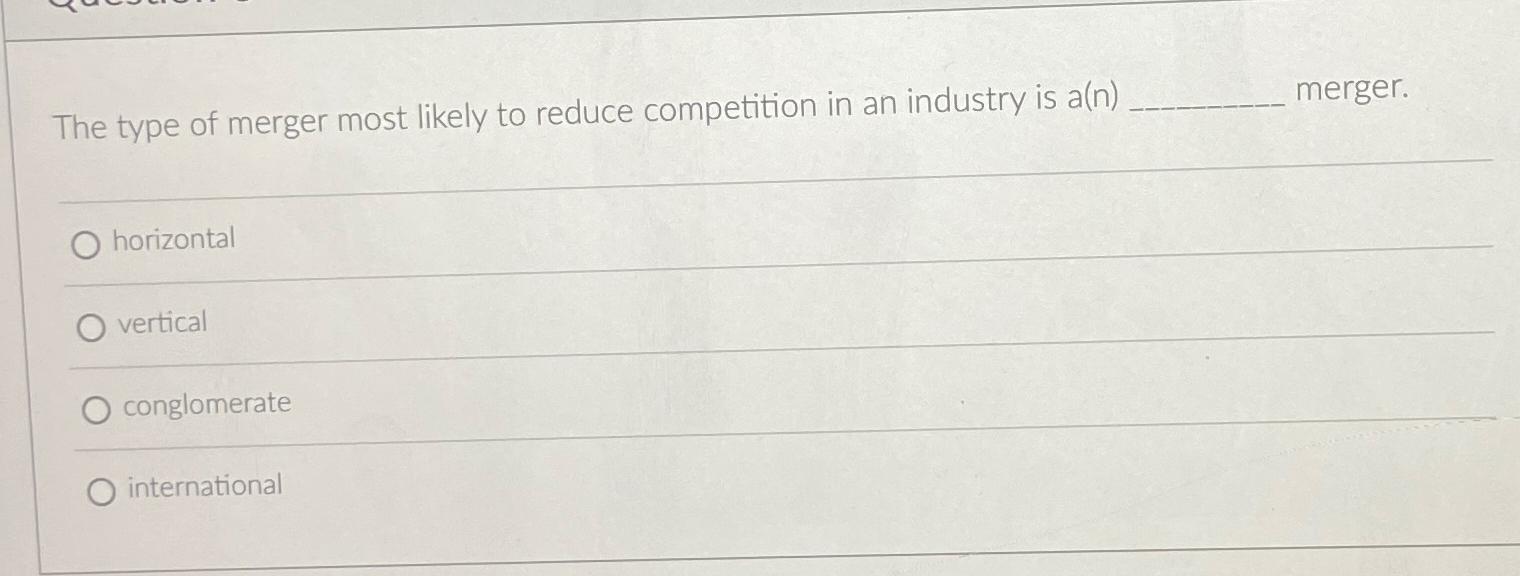 Solved The type of merger most likely to reduce competition | Chegg.com