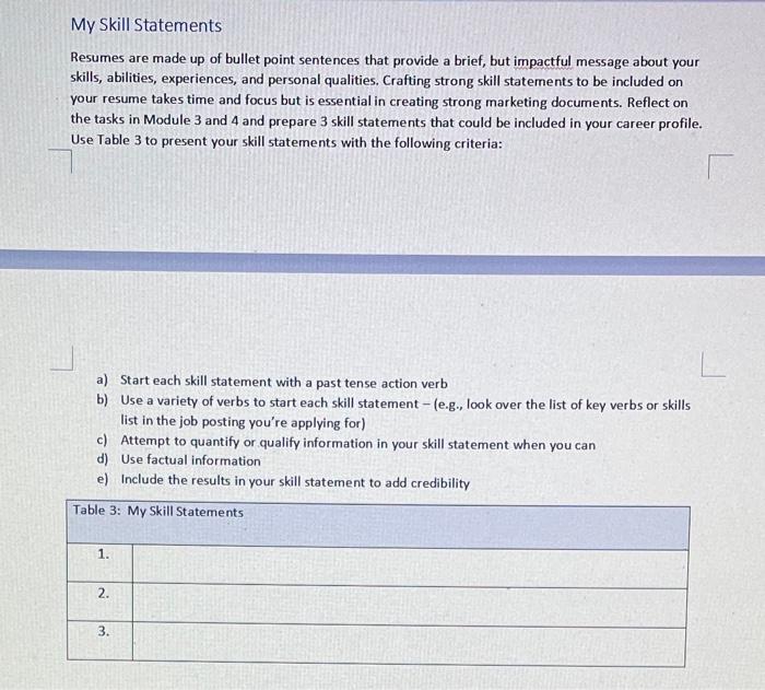 My Skill Statements Resumes are made up of bullet | Chegg.com