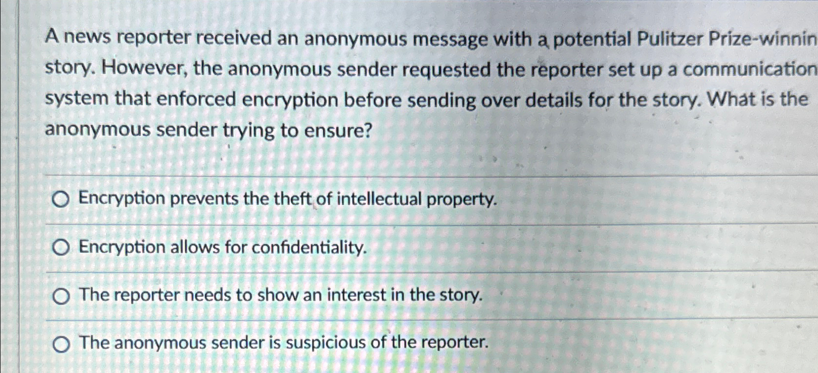 Solved A news reporter received an anonymous message with a | Chegg.com
