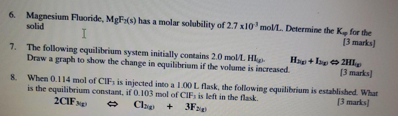 Solved 6. Magnesium Fluoride, MgF2(s) has a molar solubility | Chegg.com