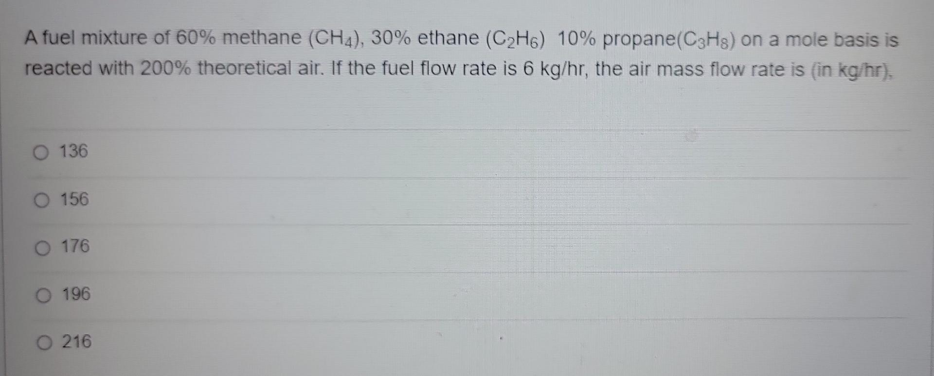Solved A fuel mixture of 60% methane (CH4),30% ethane | Chegg.com
