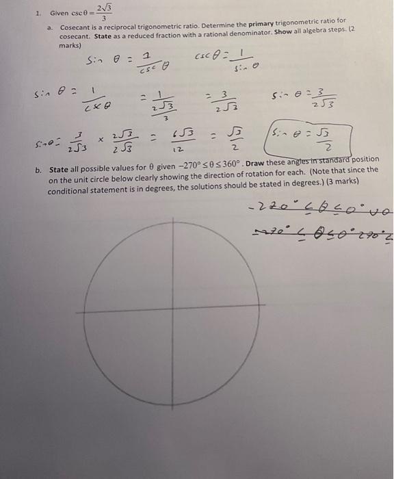 Solved 1. Given cscθ=323 a. Cosecant is a reciprocal | Chegg.com