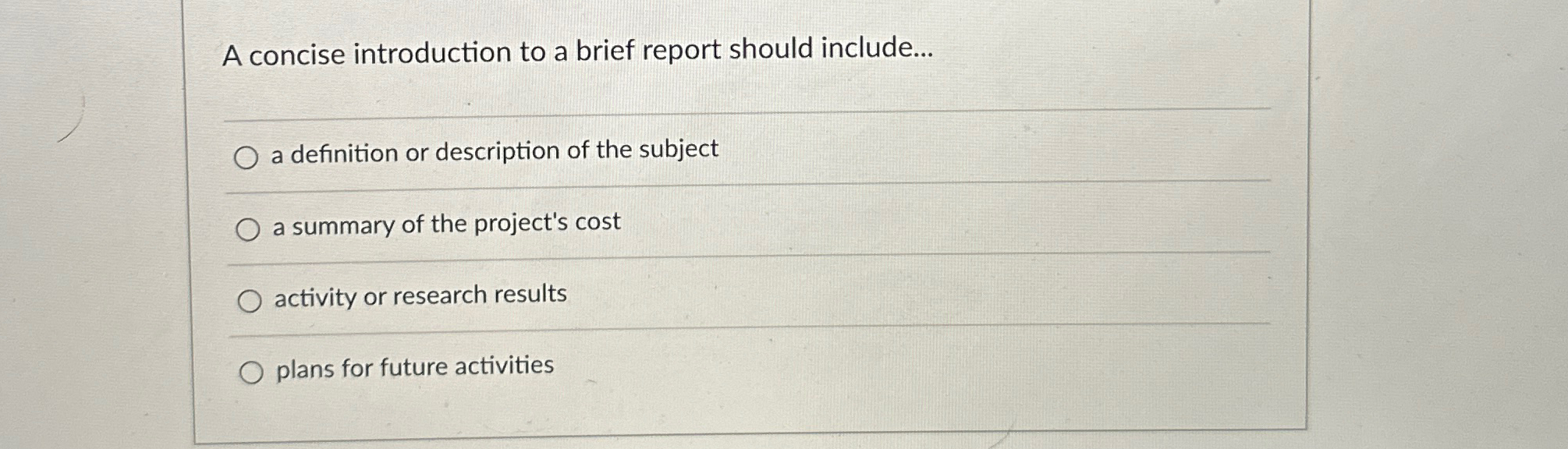Solved A concise introduction to a brief report should | Chegg.com