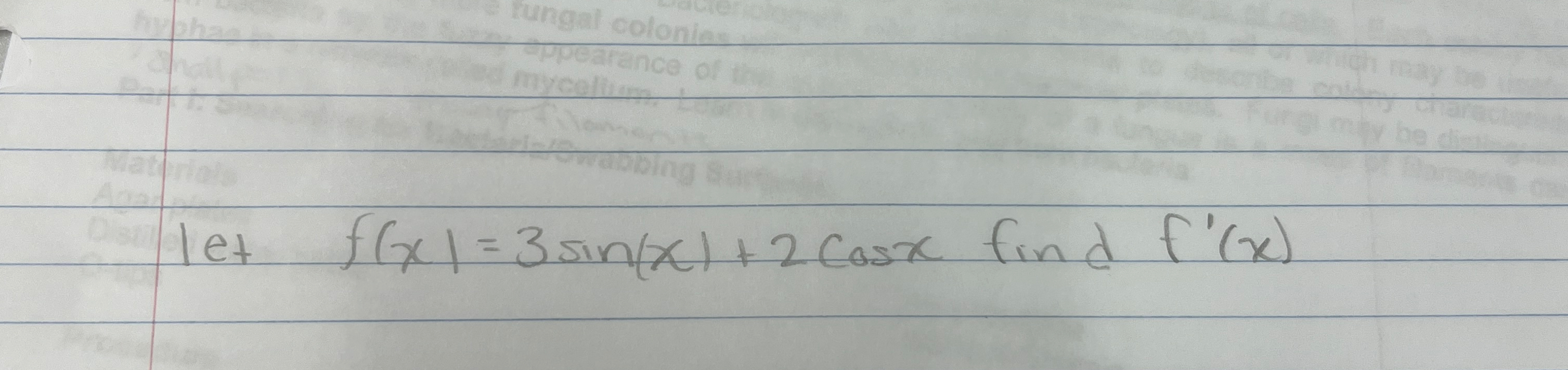 Solved let f(x)=3sin(x)+2cosx ﻿find f'(x) | Chegg.com