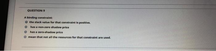 Solved QUESTION 9 A binding constraint: the slack value for | Chegg.com