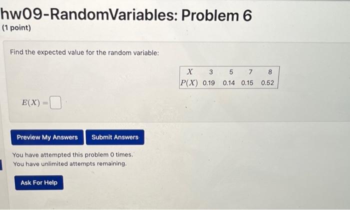 Solved hw09-RandomVariables: Problem 6 (1 point) Find the | Chegg.com