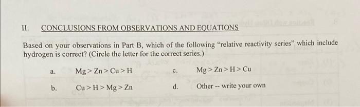 Solved II. CONCLUSIONS FROM OBSERVATIONS AND EQUATIONS Based | Chegg.com