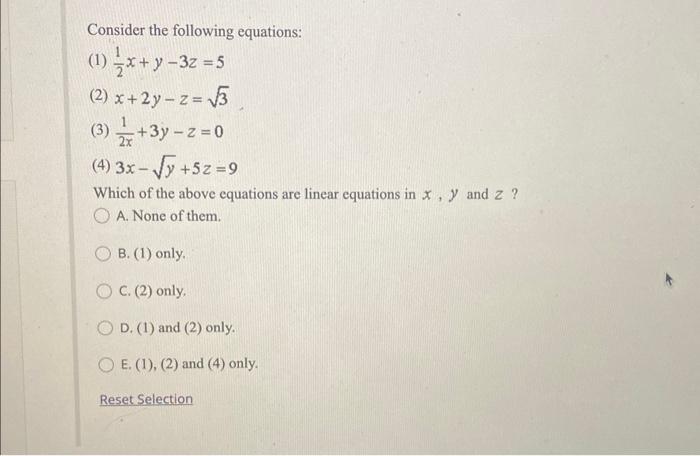 Solved Consider the following equations: (1) 21x+y−3z=5 (2) | Chegg.com