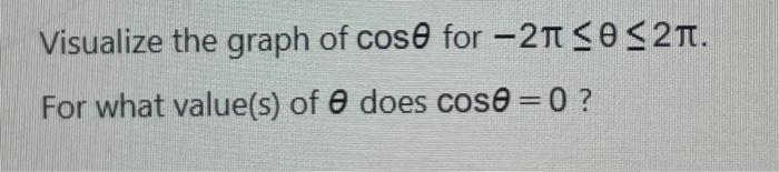 Solved Visualize the graph of cosθ for −2π≤θ≤2π. For what | Chegg.com