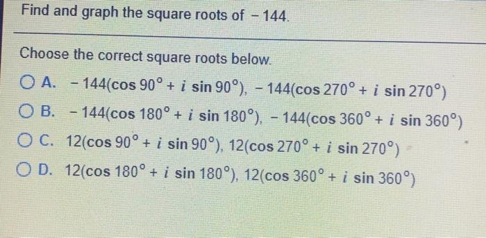 Solved Find and graph the square roots of - 144. Choose the | Chegg.com