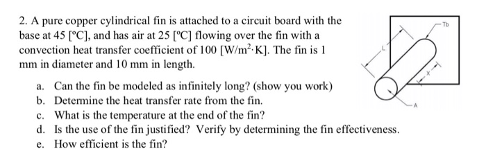 Solved 2. A pure copper cylindrical fin is attached to a | Chegg.com