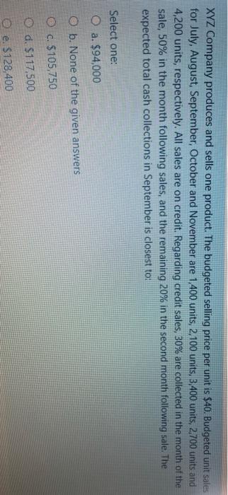 Solved XYZ Company produces and sells one product. The | Chegg.com