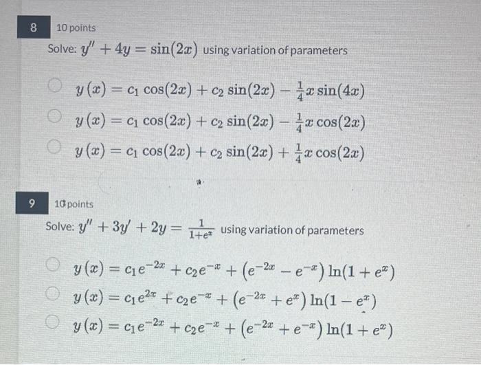 Solved y′′+4y=sin(2x) using variation of parameters | Chegg.com