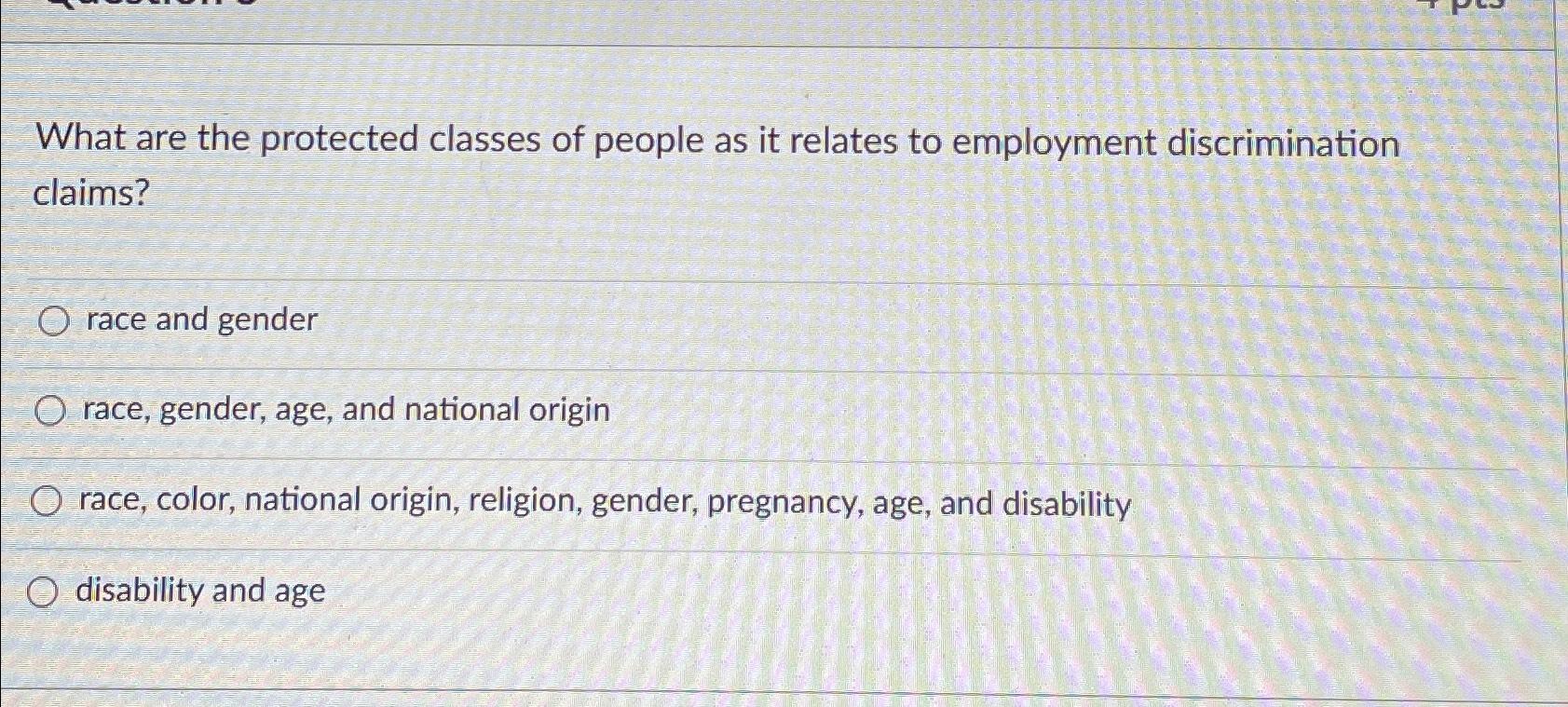 Solved What are the protected classes of people as it | Chegg.com