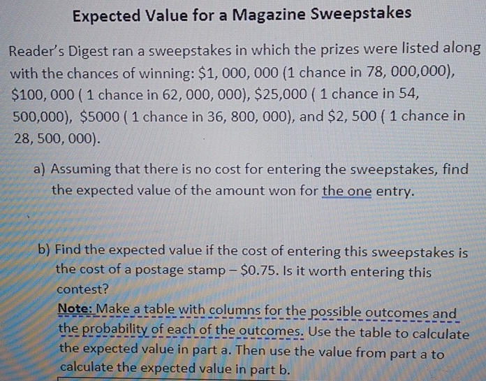Solved Expected Value for a Magazine SweepstakesReader's | Chegg.com