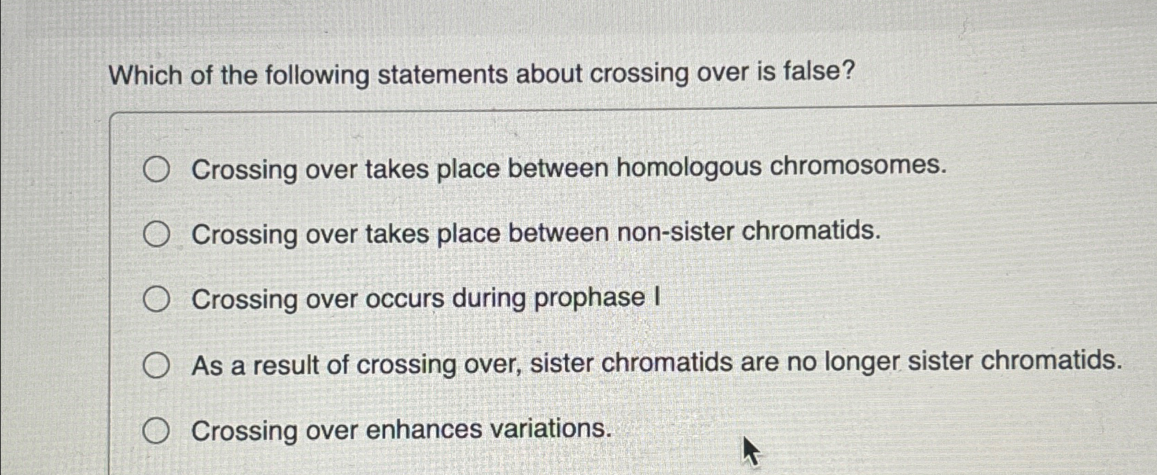 Solved Which of the following statements about crossing over | Chegg.com