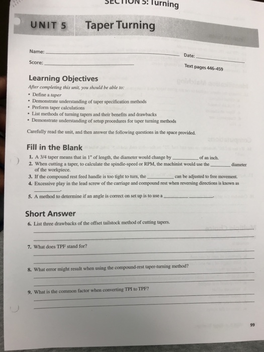 Solved SECTION 5: Turning UNIT 5 Taper Turning Name: Date: | Chegg.com