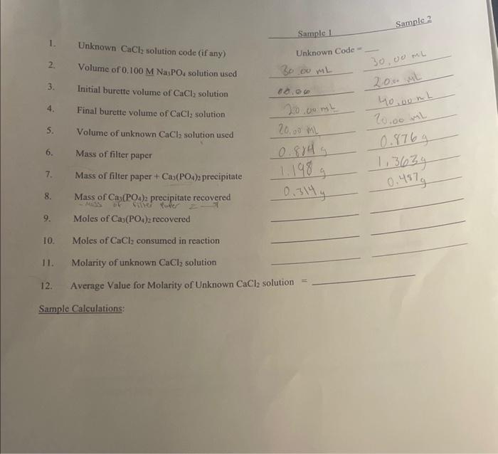 Solved Sample 1 1. Unknown CaCl2 solution code (if any) | Chegg.com