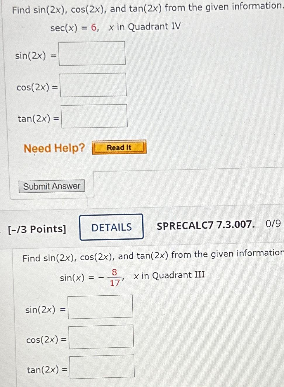 Solved Find sin(2x),cos(2x), ﻿and tan(2x) ﻿from the given | Chegg.com