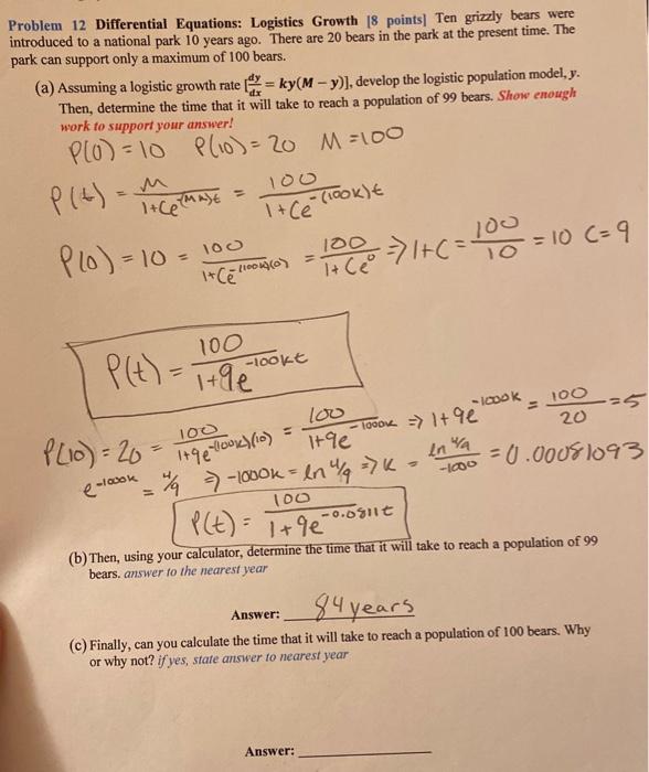 Solved Problem 12 Differential Equations: Logistics Growth 8 | Chegg.com