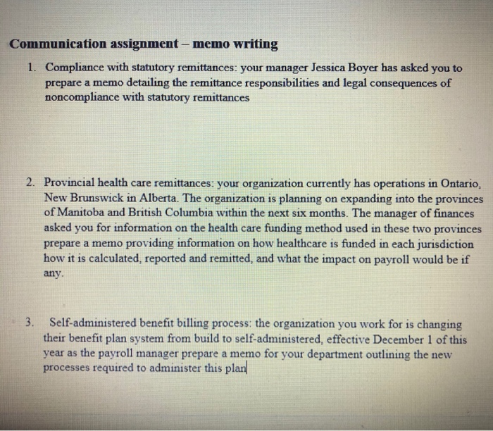 Communication assignment - memo writing 1. Compliance | Chegg.com