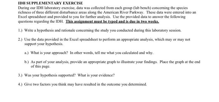 IDH SUPPLEMENTARY EXERCISE During our IDH laboratory | Chegg.com