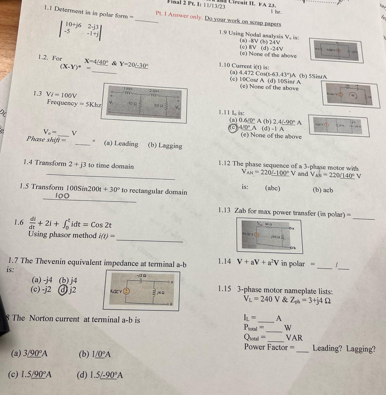 Solved Final 2 ﻿Pt. ﻿I: 1113/23 ﻿Cireuit II. ﻿FA 23.1.1 | Chegg.com