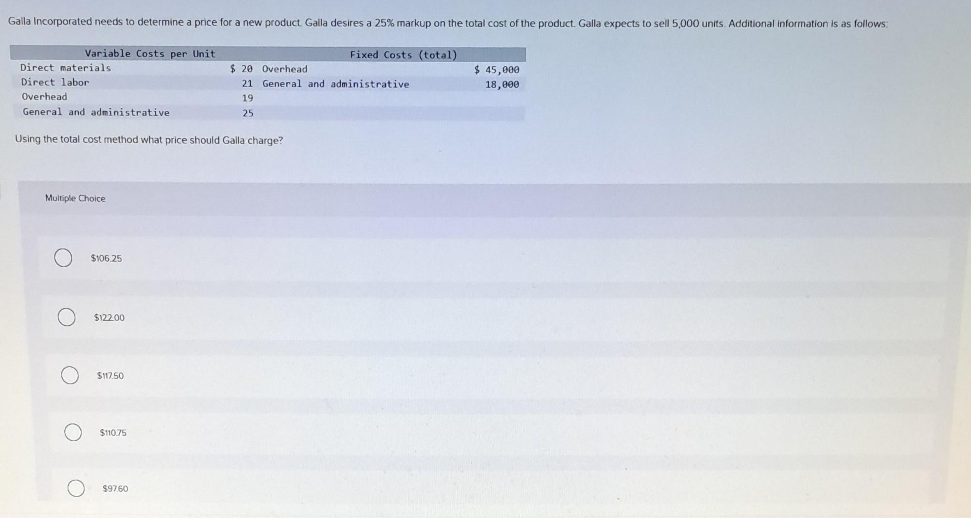 Solved Using the total cost method what price should Galla | Chegg.com