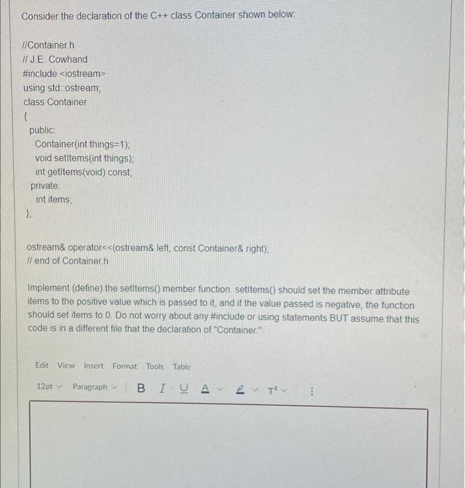 Solved Consider the declaration of the C++ class Container | Chegg.com