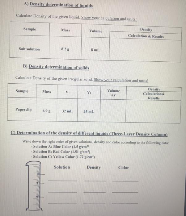Solved A) Density determination of liquids Calculate Density | Chegg.com
