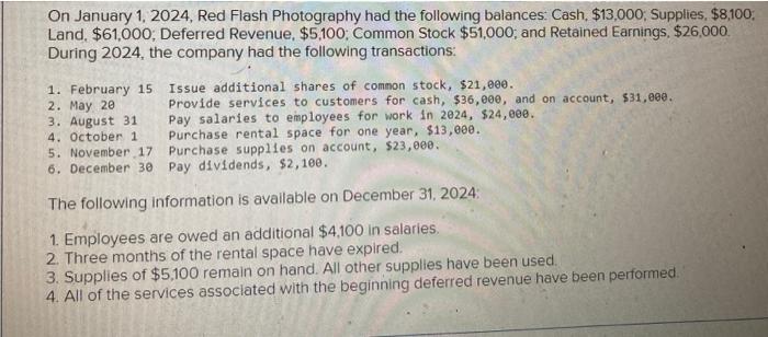 Solved On January 1,2024 , Red Flash Photography had the | Chegg.com