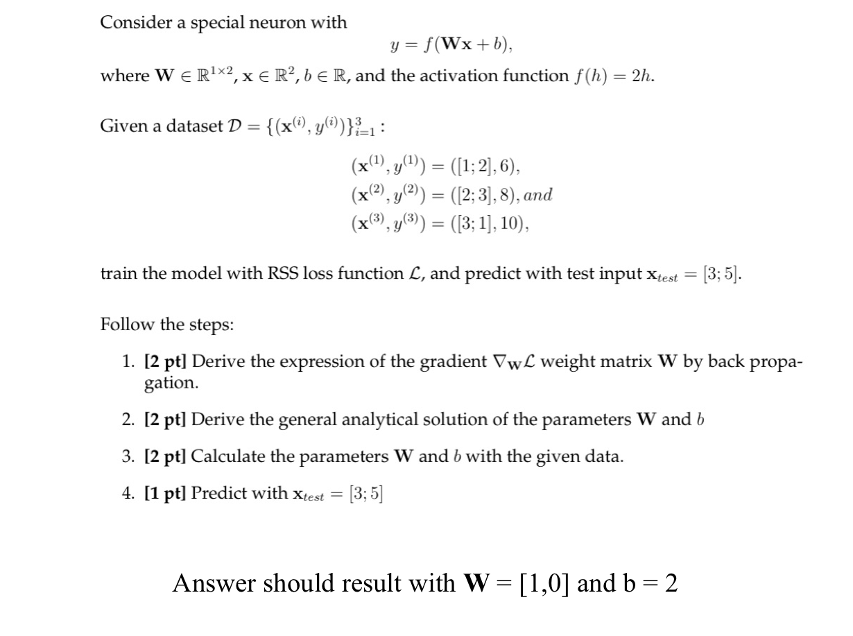 Solved Consider A Special Neuron Withy F Wx B Where