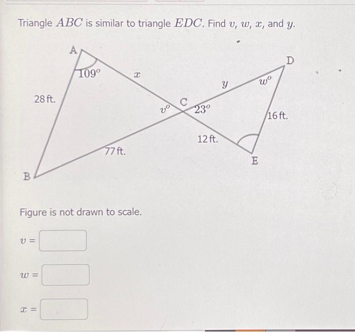 Solved Triangle ABC is similar to triangle EDC. Find v,w,x, | Chegg.com