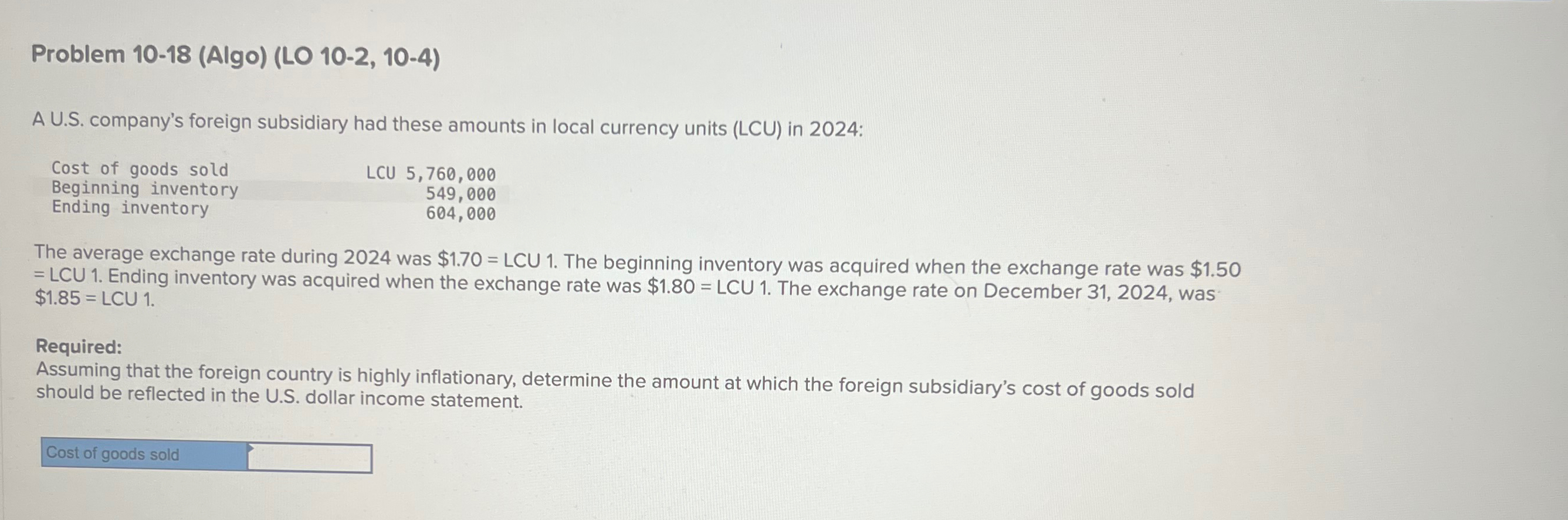 Solved Problem 10-18 (Algo) (LO 10-2, 10-4)A U.S. ﻿company's | Chegg.com