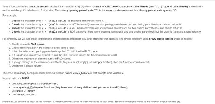 Solved Write a function named check_balanced that checks a | Chegg.com