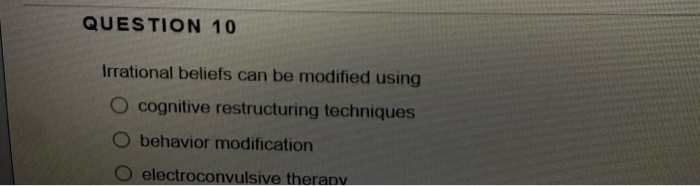 Solved QUESTION 10 Irrational beliefs can be modified using | Chegg.com