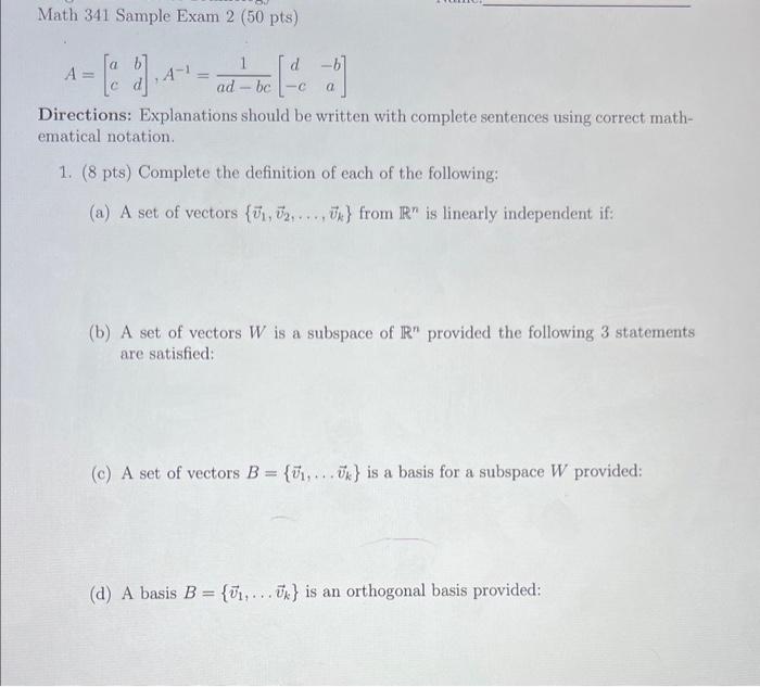 Solved Math 341 Sample Exam 2 (50 pts) | Chegg.com