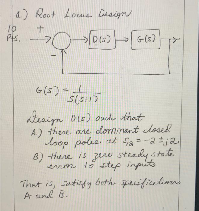 Solved 1.) Root Locus Design G(s)=s(s+1)1 Nesign D(s) ouch | Chegg.com