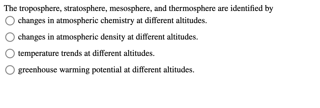Solved The troposphere, stratosphere, mesosphere, and | Chegg.com