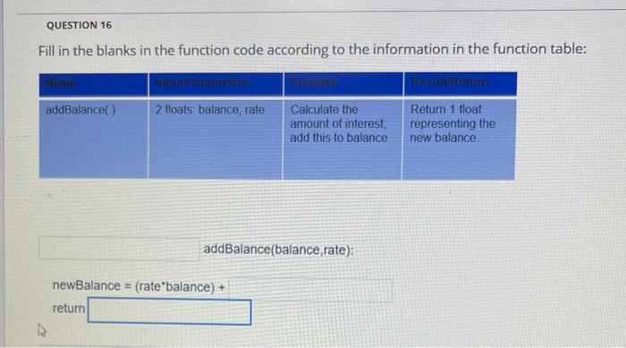 Solved QUESTION 16 Fill in the blanks in the function code | Chegg.com