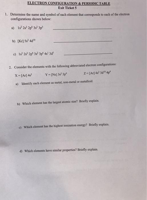 Solved ELECTRON CONFIGURATION & PERIODIC TABLE Exit Ticket 5 | Chegg.com