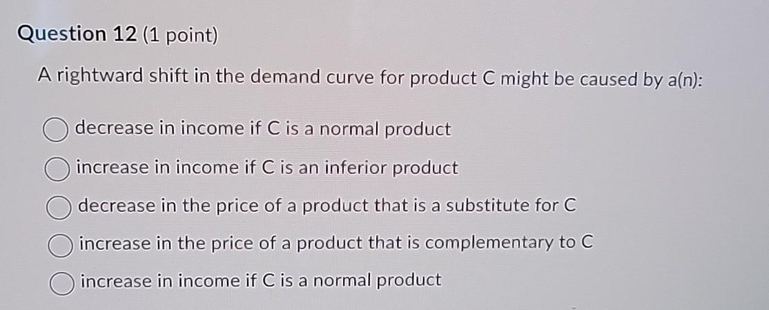 Solved Question 12 (1 ﻿point)A rightward shift in the demand | Chegg.com