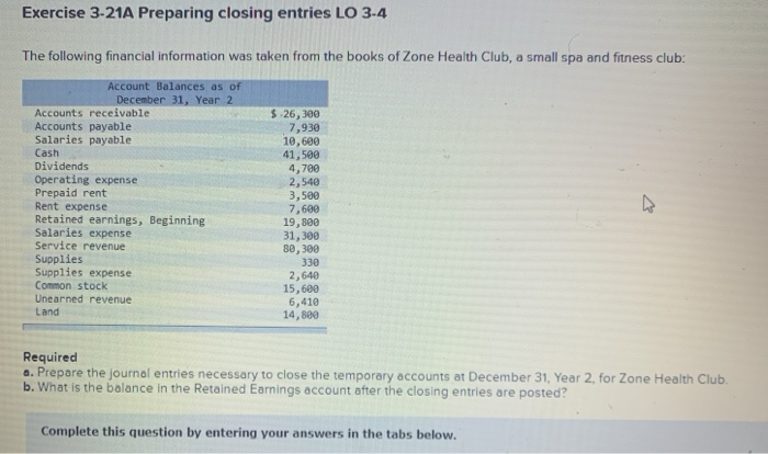 Solved Exercise 3-21A Preparing closing entries LO 3-4 The | Chegg.com